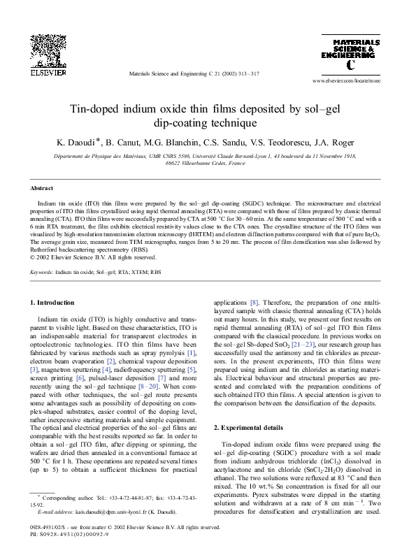 (PDF) Tin-doped indium oxide thin films deposited by sol–gel dip ...