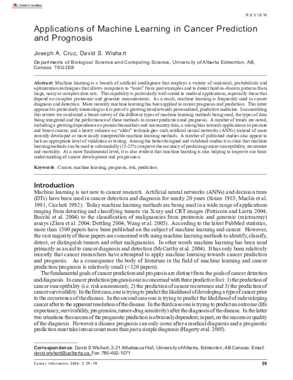 (PDF) Applications of Machine Learning in Cancer Prediction and Prognosis