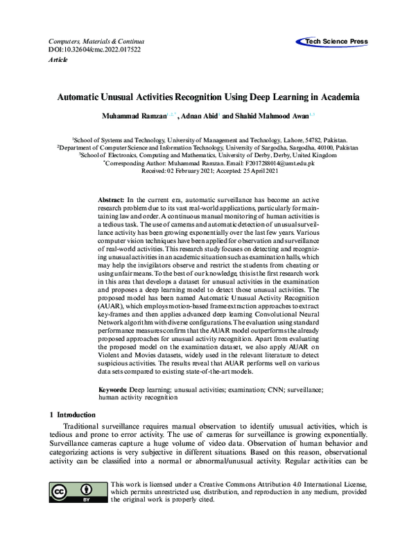 (PDF) Automatic Unusual Activities Recognition Using Deep Learning in Academia
