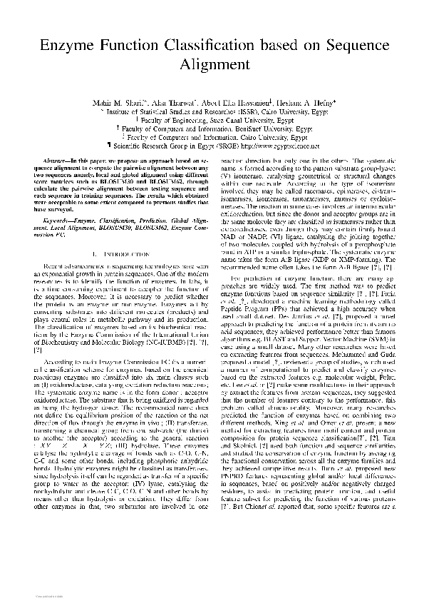 (PDF) Enzyme Functions Classification based on Sequence Alinment