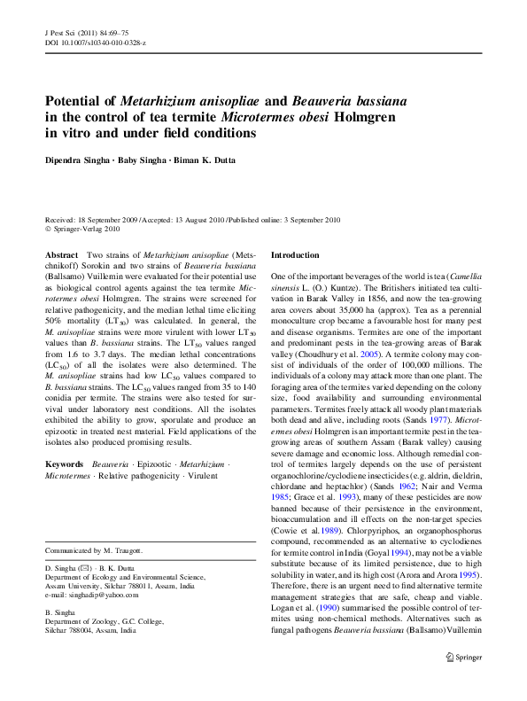 (PDF) Potential of Metarhizium anisopliae and Beauveria bassiana in the ...