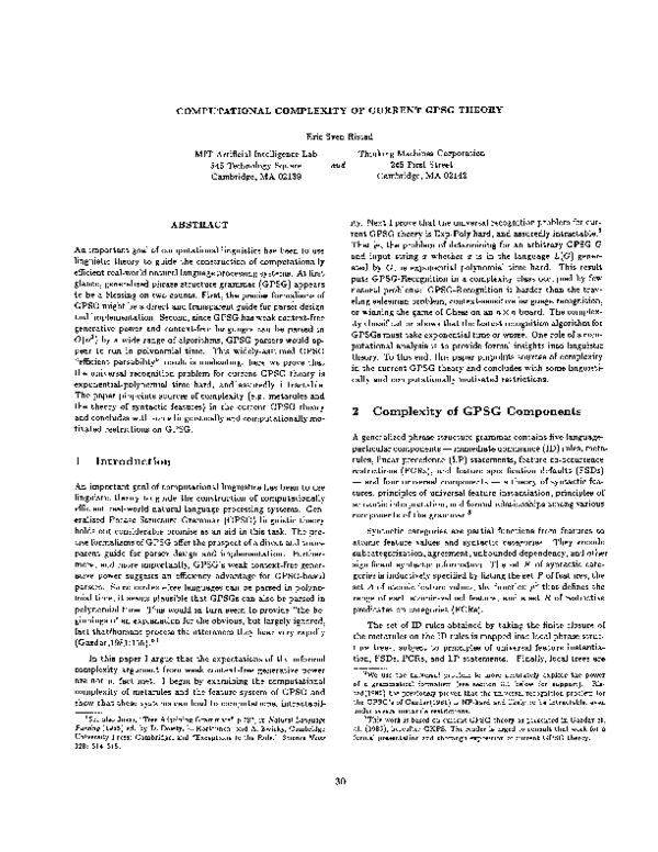 (PDF) Computational complexity of current GPSG theory | Eric Ristad ...