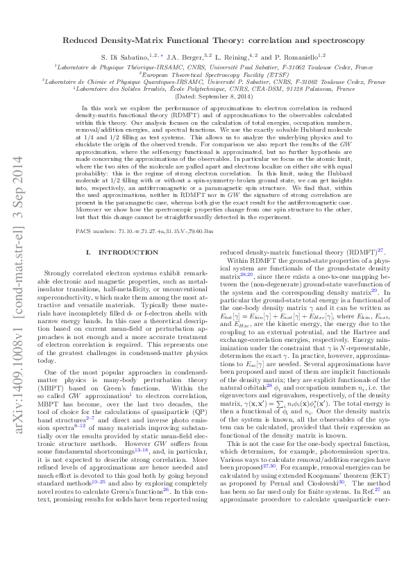 (PDF) Reduced density-matrix functional theory: Correlation and spectroscopy