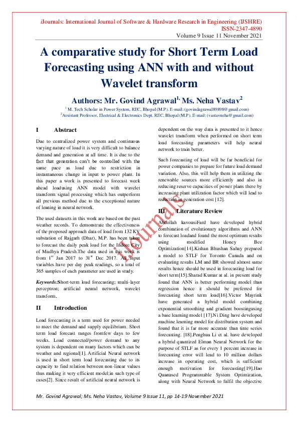 (PDF) A comparative study for Short Term Load Forecasting using ANN with and without Wavelet ...