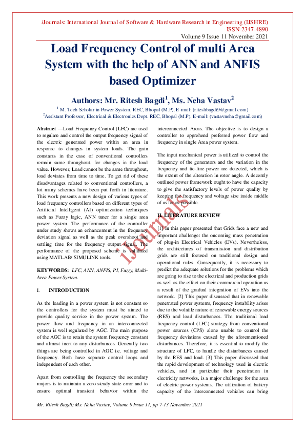 (PDF) Load Frequency Control of multi Area System with the help of ANN and ANFIS based Optimizer