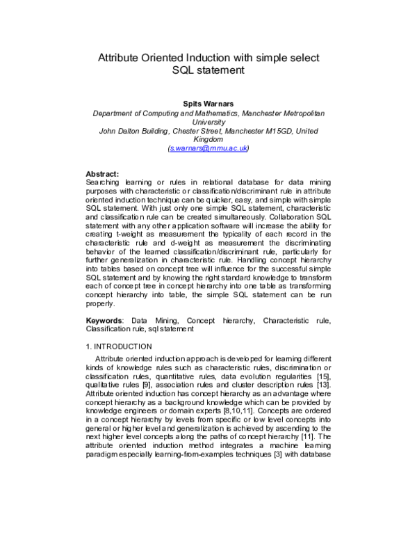 Pdf Attribute Oriented Induction With Simple Select Sql Statement