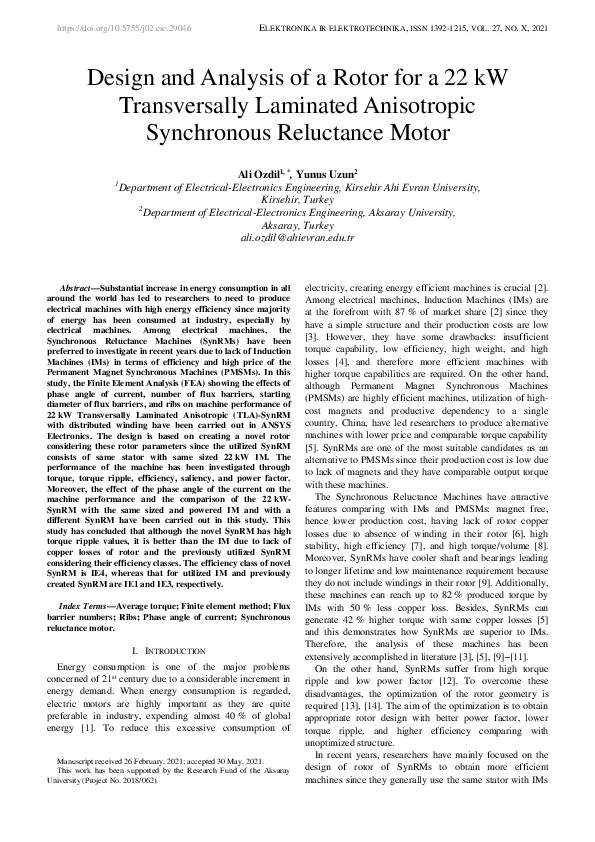 (PDF) Design and Analysis of a Rotor for a 22 kW Transversally Laminated Anisotropic Synchronous ...