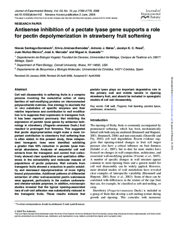 (PDF) Antisense inhibition of a pectate lyase gene supports a role for ...