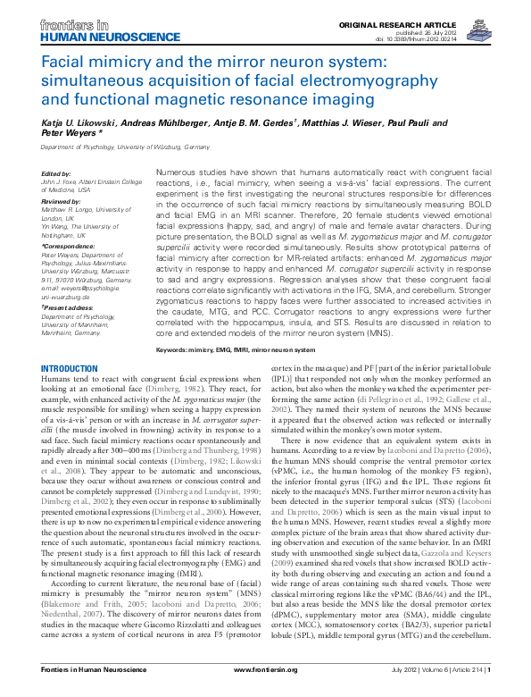 (PDF) Facial mimicry and the mirror neuron system: simultaneous ...