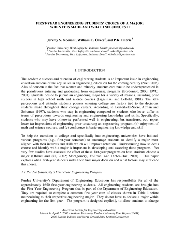 (PDF) First-Year Engineering Students'Choice of a Major: When It is ...