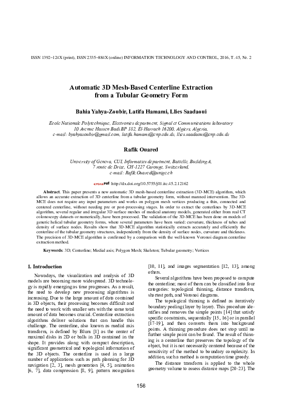 Pdf Automatic 3d Mesh Based Centerline Extraction From A Tubular Geometry Form