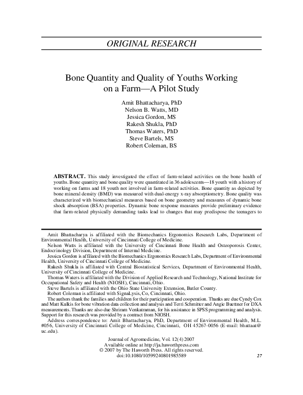 (PDF) Bone Quantity and Quality of Youths Working on a Farm—A Pilot Study