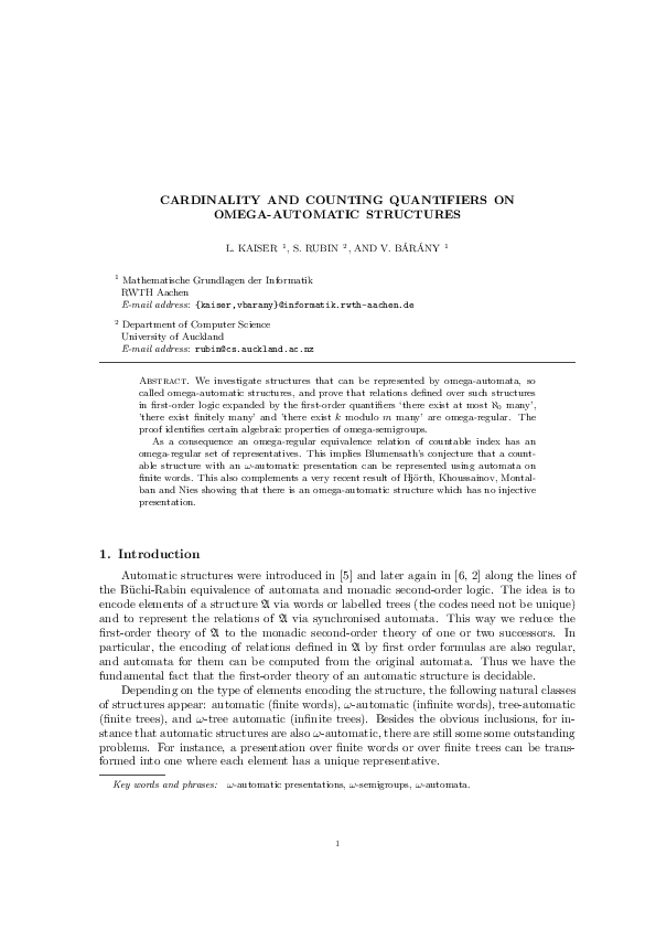 (PDF) Cardinality and Counting Quantifiers on omega-Automatic Structures