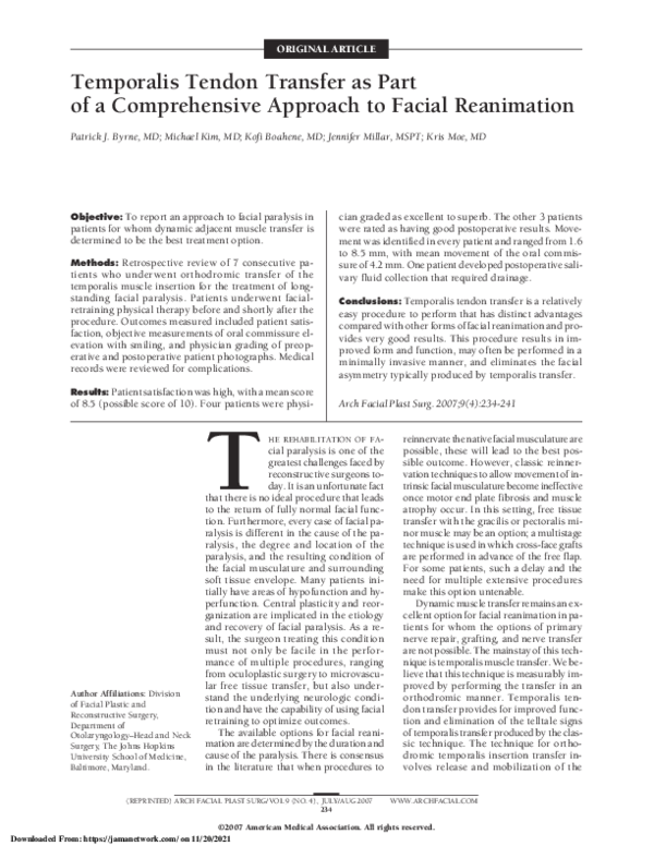 (PDF) Temporalis Muscle Transfer for Facial Reanimation