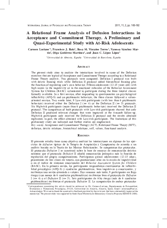 (PDF) A Relational Frame Analysis of Defusion Interactions in Acceptance and Commitment Therapy ...