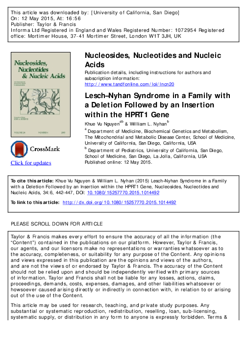 (PDF) Lesch–Nyhan Syndrome in a Family with a Deletion Followed by an ...