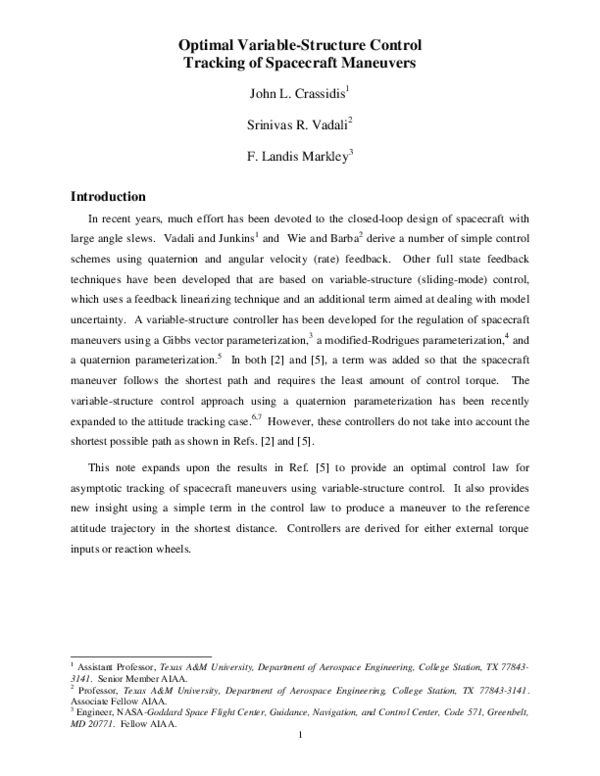 Pdf Optimal Variable Structure Control Tracking Of Spacecraft Maneuvers