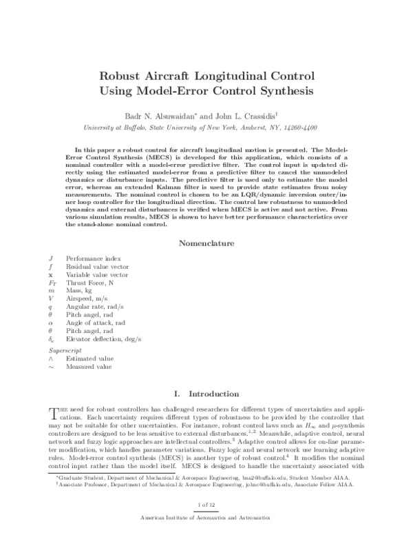 (PDF) Robust Aircraft Longitudinal Control Using Model-Error Control Synthesis