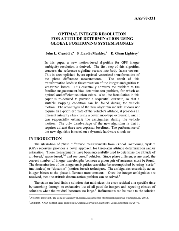 Pdf Optimal Integer Resolution For Attitude Determination Using Global Positioning System Signals