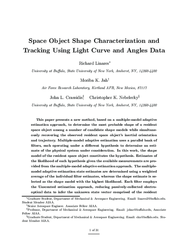 (PDF) Space Object Shape Characterization and Tracking Using Light Curve and Angles Data | John ...