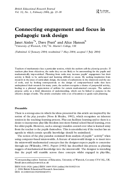 (PDF) Connecting engagement and focus in pedagogic task design