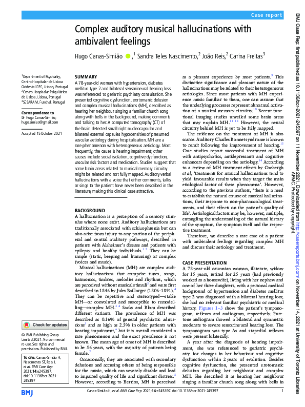 (PDF) Complex auditory musical hallucinations with ambivalent feelings