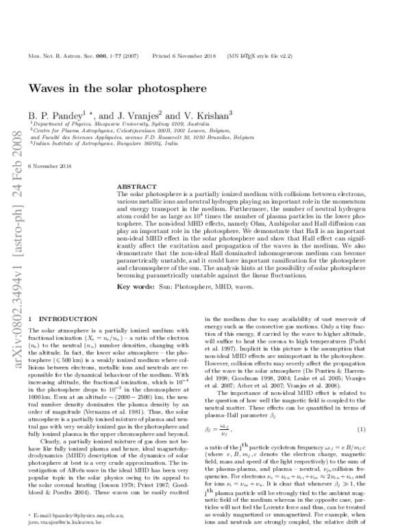 (PDF) Waves in the solar photosphere