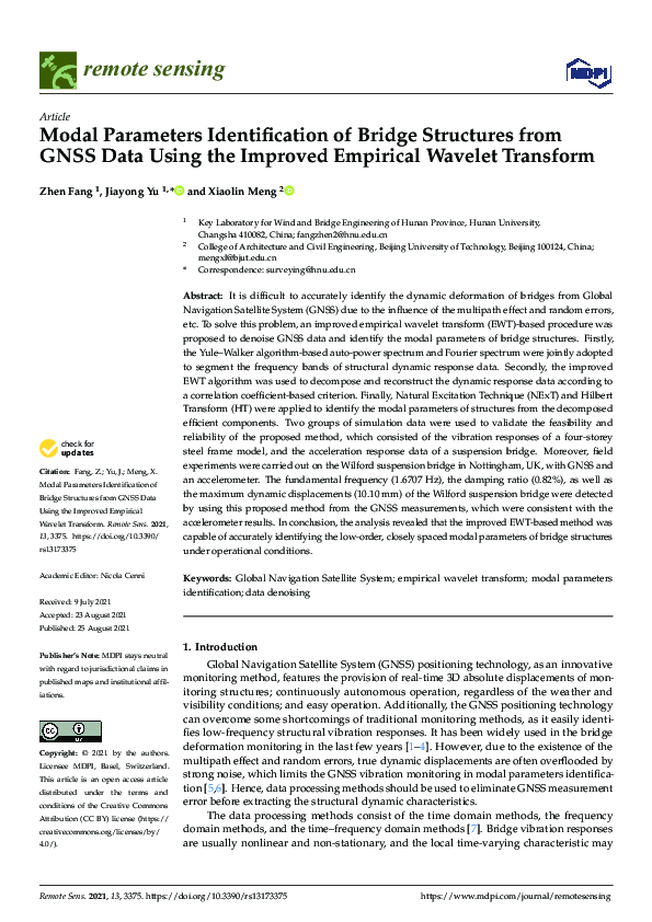 Pdf Modal Parameters Identification Of Bridge Structures From Gnss Data Using The Improved