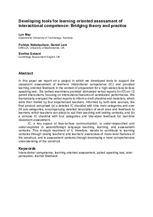 (PDF) Developing tools for learning oriented assessment of interactional competence: Bridging ...