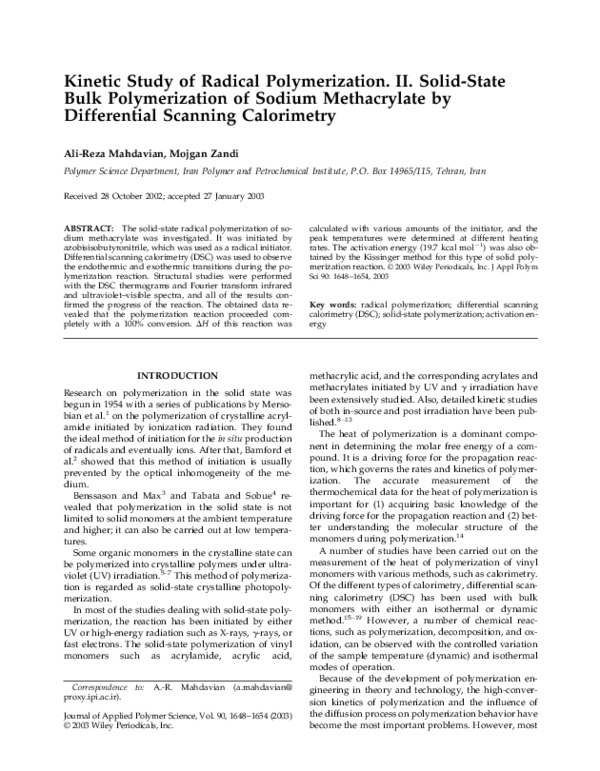 (PDF) Kinetic study of radical polymerization. II. Solid-state bulk polymerization of sodium ...