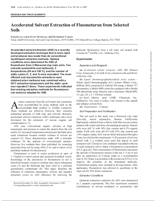 (PDF) Accelerated solvent extraction of fluometuron from selected soils