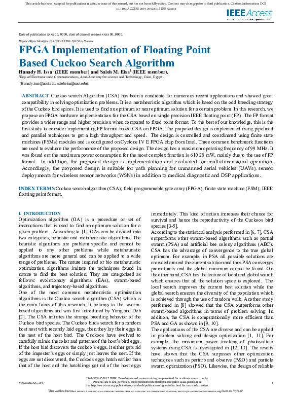 Pdf Fpga Implementation Of Floating Point Based Cuckoo Search Algorithm 2486