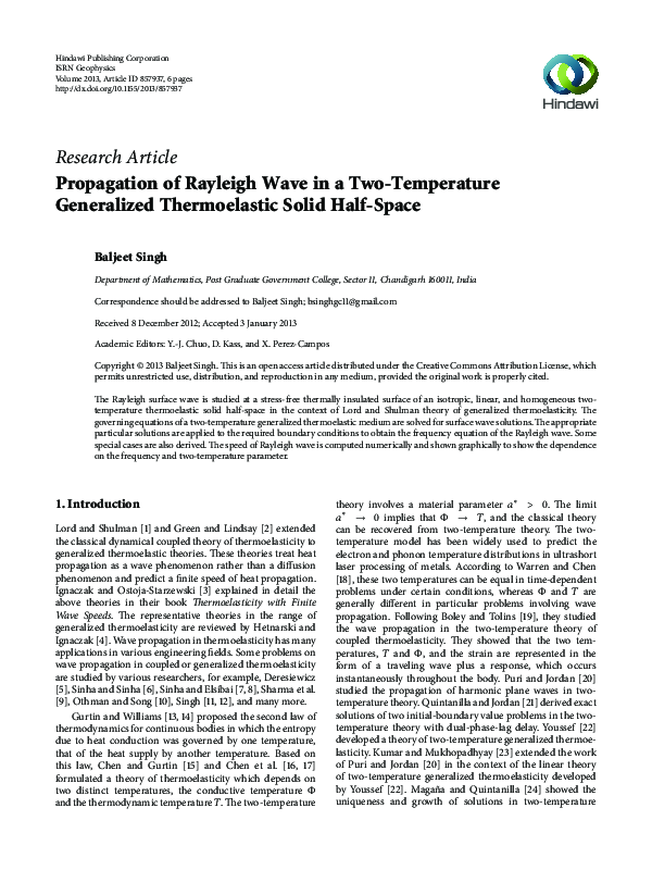 (PDF) Propagation of Rayleigh Wave in a Two-Temperature Generalized ...