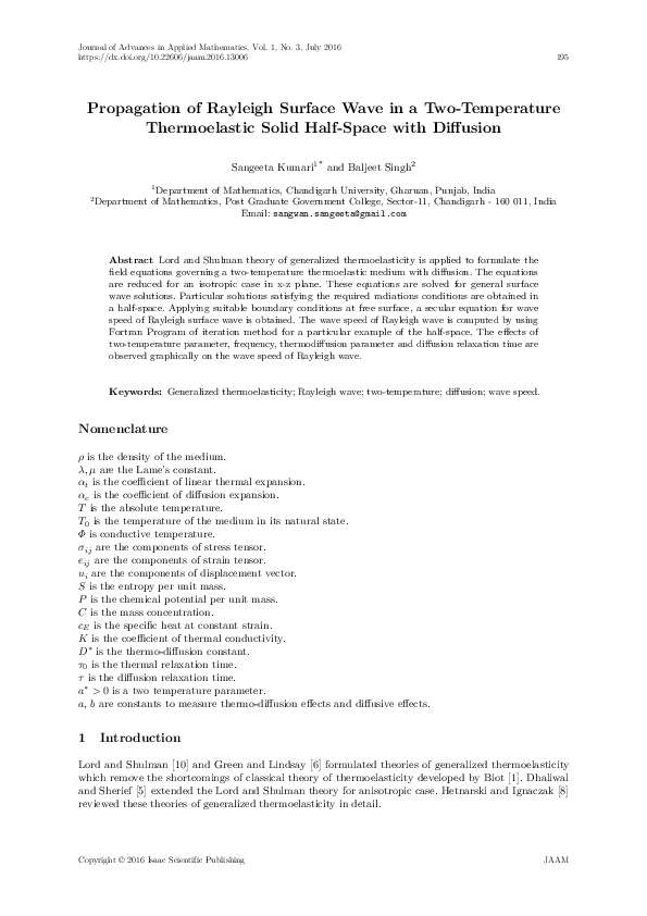 (PDF) Propagation of Rayleigh Surface Wave in a Two-Temperature Thermoelastic Solid Half-Space ...