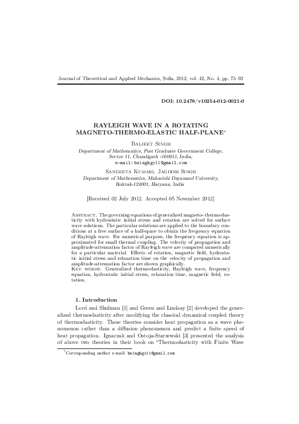 (PDF) Rayleigh Wave in a Rotating Magneto-Thermo-Elastic Half-Plane