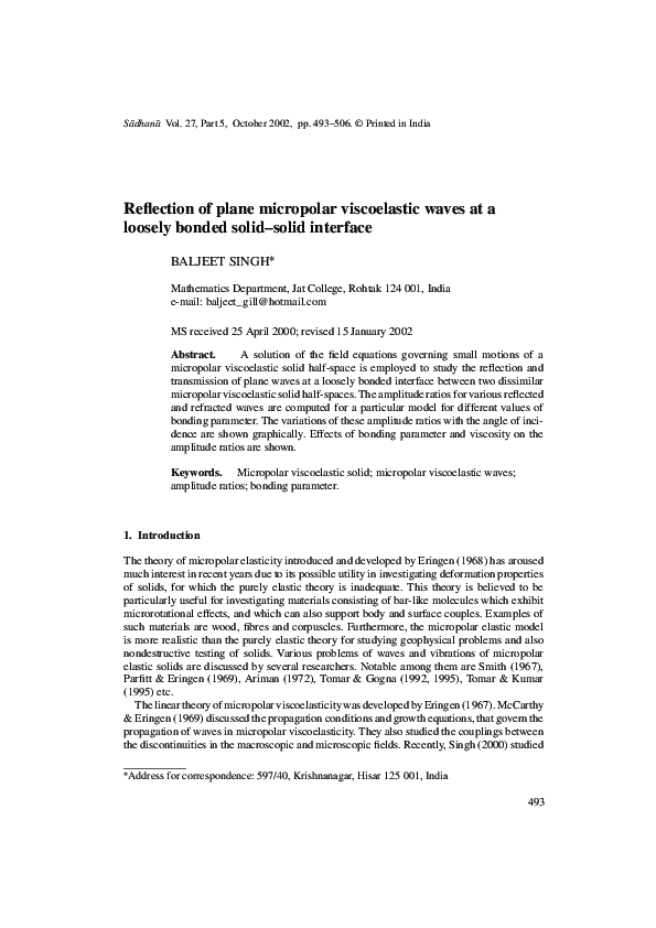 (PDF) Reflection of plane micropolar viscoelastic waves at a loosely bonded solid-solid interface