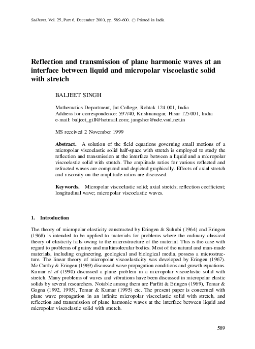 (PDF) Reflection and transmission of plane harmonic waves at an interface between liquid and ...