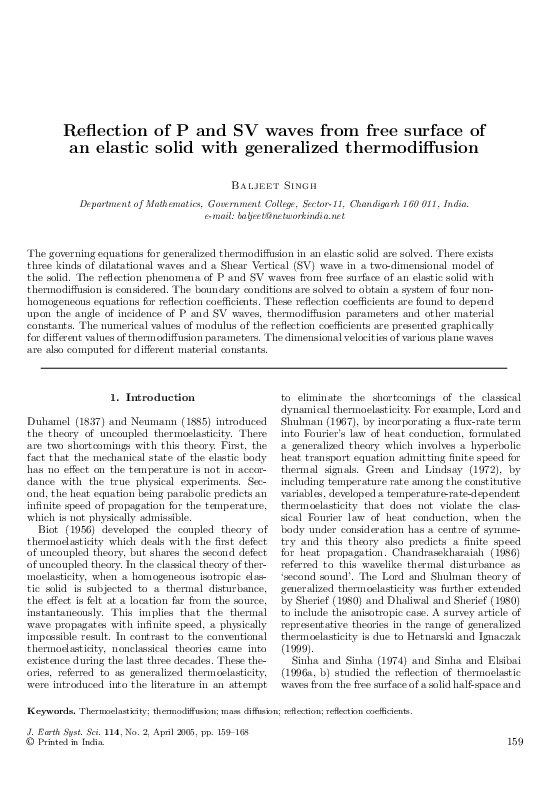 (PDF) Reflection of P and SV waves from free surface of an elastic ...