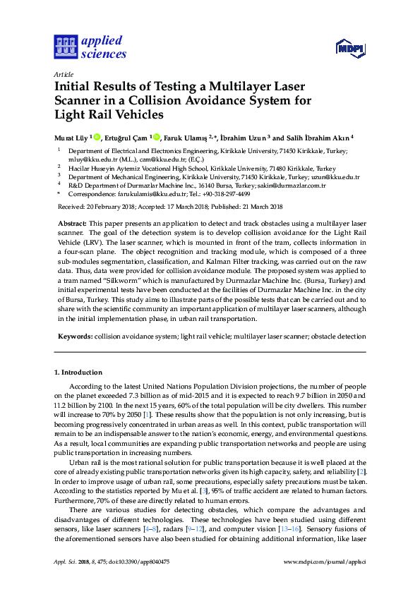 (PDF) Collision Avoidance in Light Rail Systems Using Laser Scanners