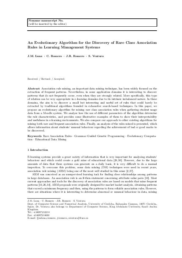 Pdf An Evolutionary Algorithm For The Discovery Of Rare Class Association Rules In Learning