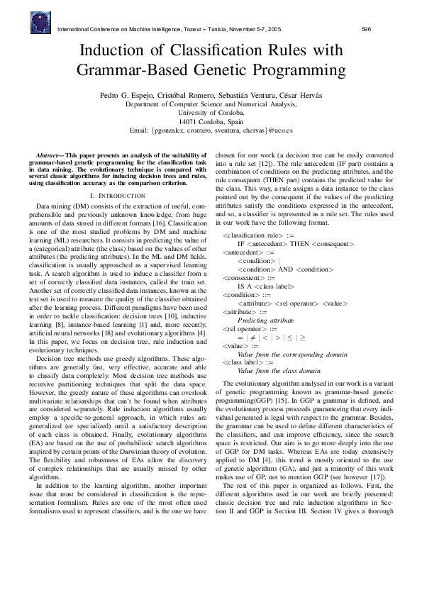 Pdf C Induction Of Classification Rules With Grammar Based Genetic Programming Cristobal