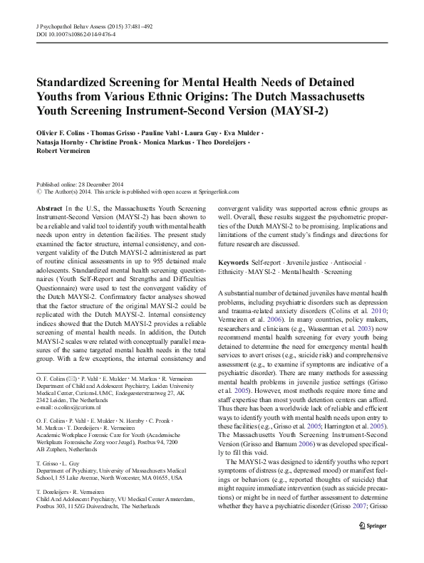 (PDF) Standardized Screening for Mental Health Needs of Detained Youths ...