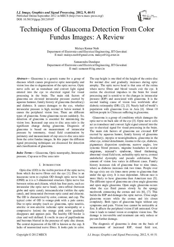 (PDF) Techniques of Glaucoma Detection From Color Fundus Images: A Review