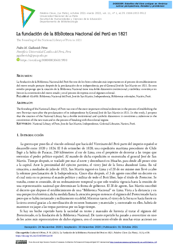 (PDF) La fundación de la Biblioteca Nacional del Perú en 1821 e ...