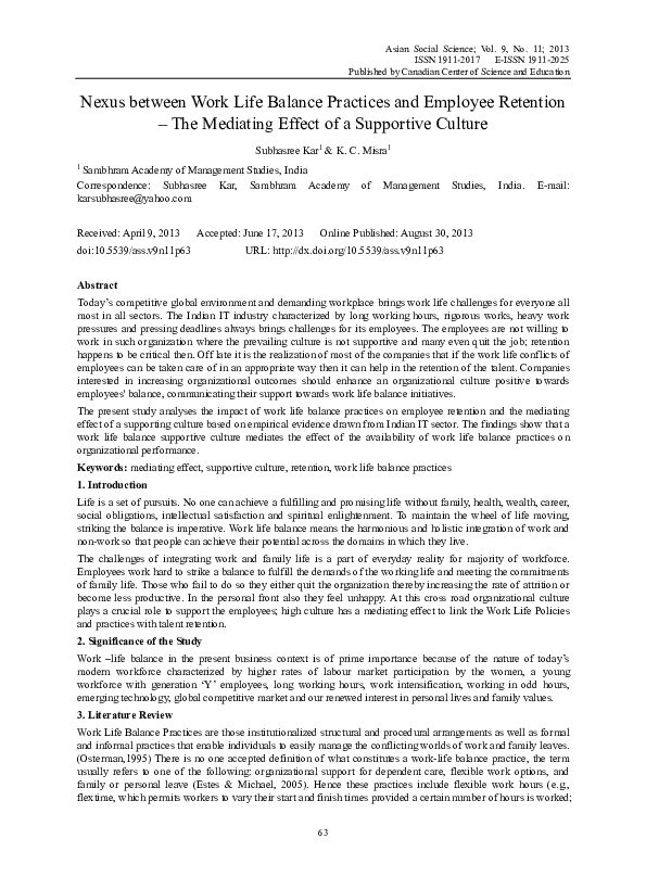 (PDF) Nexus between Work Life Balance Practices and Employee Retention – The Mediating Effect of ...