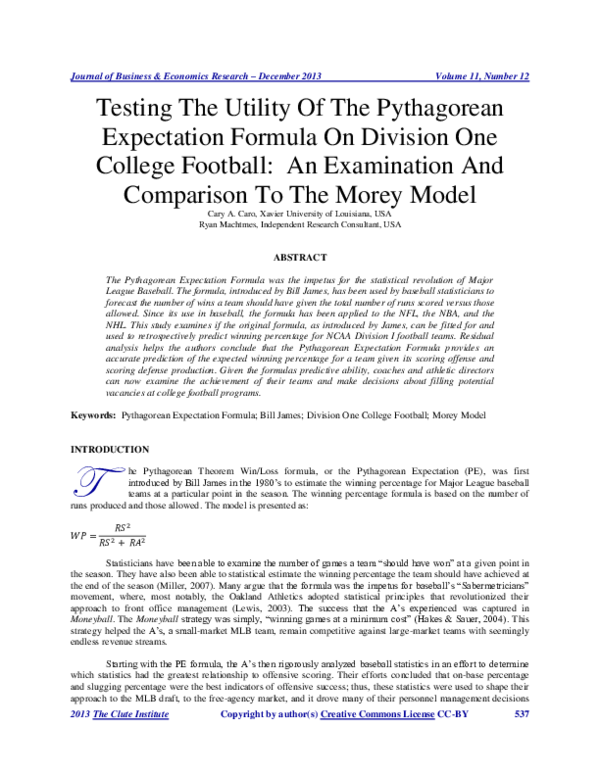 (PDF) Testing The Utility Of The Pythagorean Expectation Formula On ...