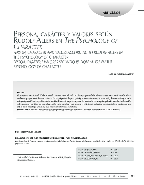 Pdf Persona Carácter Y Valores Según Rudolf Allers En The Psychology