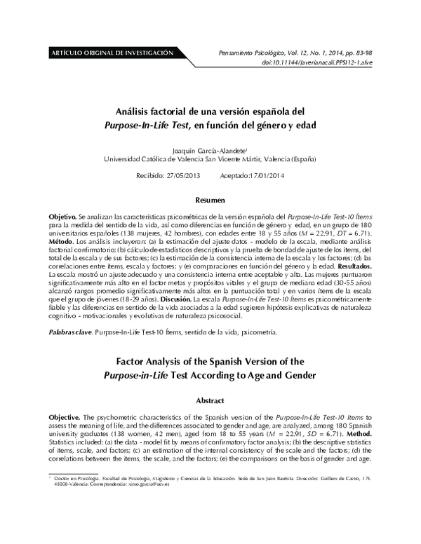 (PDF) Análisis factorial de una versión española de Purpose-In-Life ...