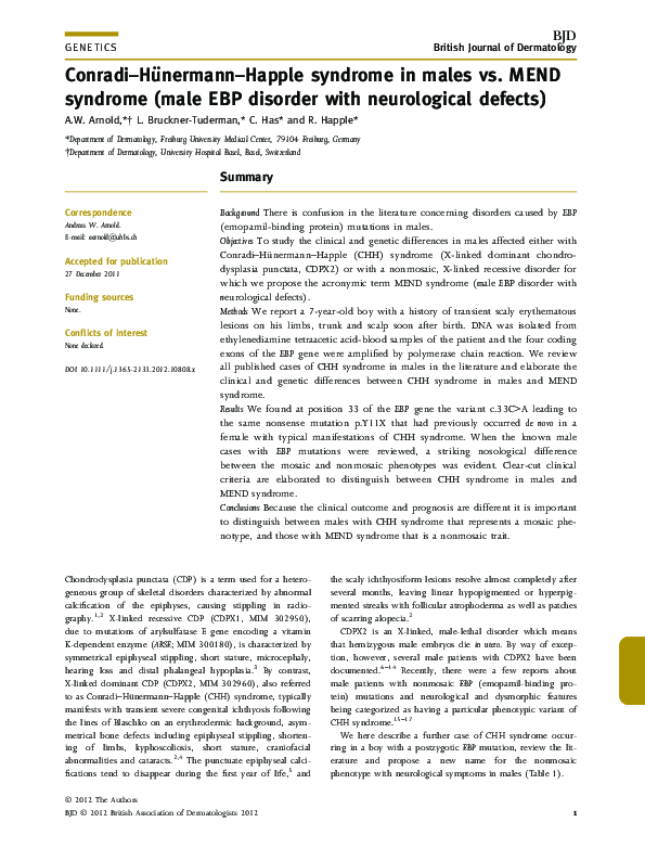 (PDF) Conradi-Hünermann-Happle syndrome in males vs. MEND syndrome ...