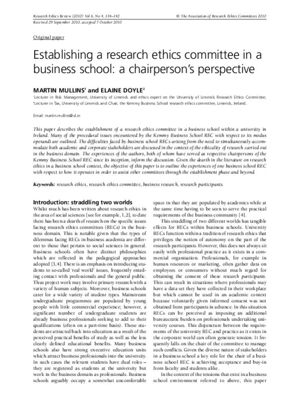 (PDF) Establishing a Research Ethics Committee in a Business School: A ...